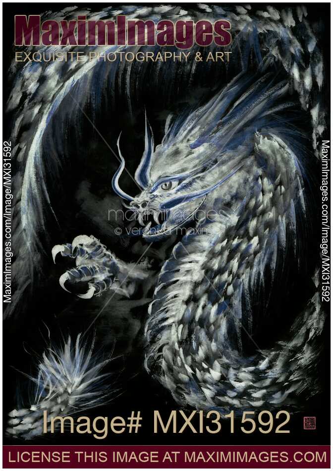 Image of Artistic illustration of an asian fire dragon grey on black ...