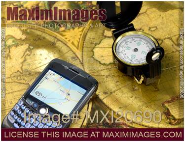 Photo of Blackberry with GPS on a World Map | Stock Image MXI20690
