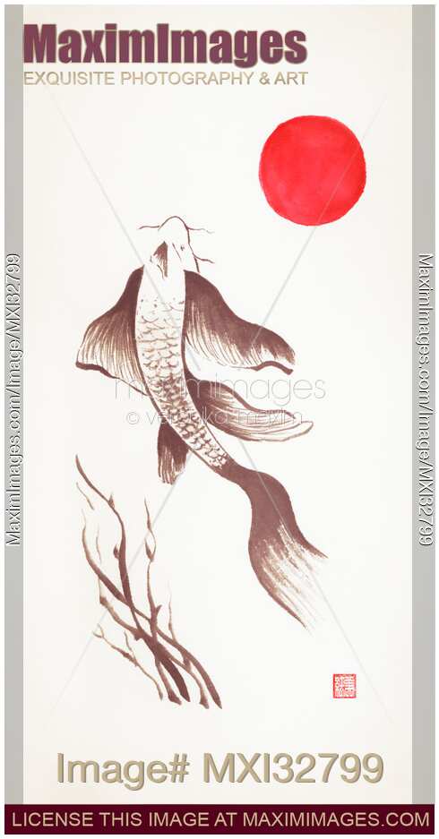 Image of Fine art sumi-e painting of Japanese Koi fish swimming towards ...