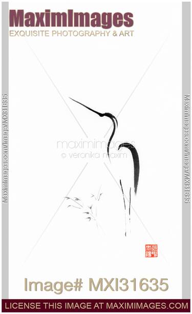 Image of Zen sumi-e painting of a graceful tall heron and young bamboo ...