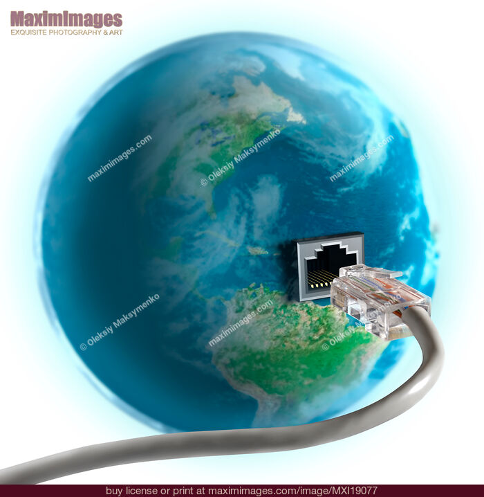 Network cable plug in Earth globe Internet and communication concept ...
