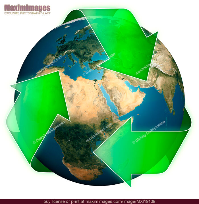 Green recycling symbol around Earth Globe. Stock Image MXI19108