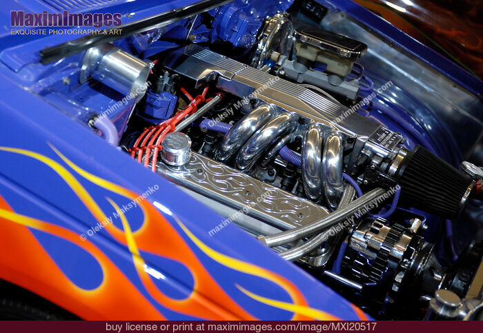 Custom Chevrolet Hot Rod Shiny Chromic Engine Closeup. Stock Photo MXI20517