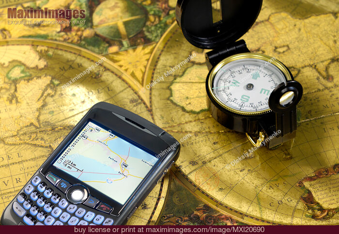 Blackberry with GPS on a World Map. Stock Photo MXI20690