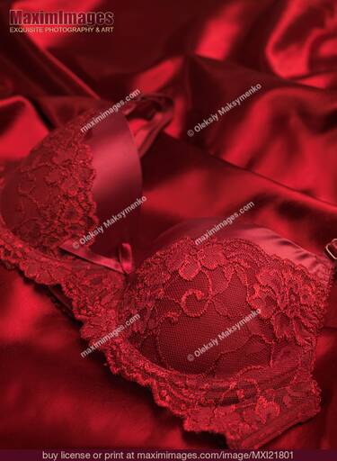 Red Lacy Bra on Silky Fabric. Stock Photo MXI21801