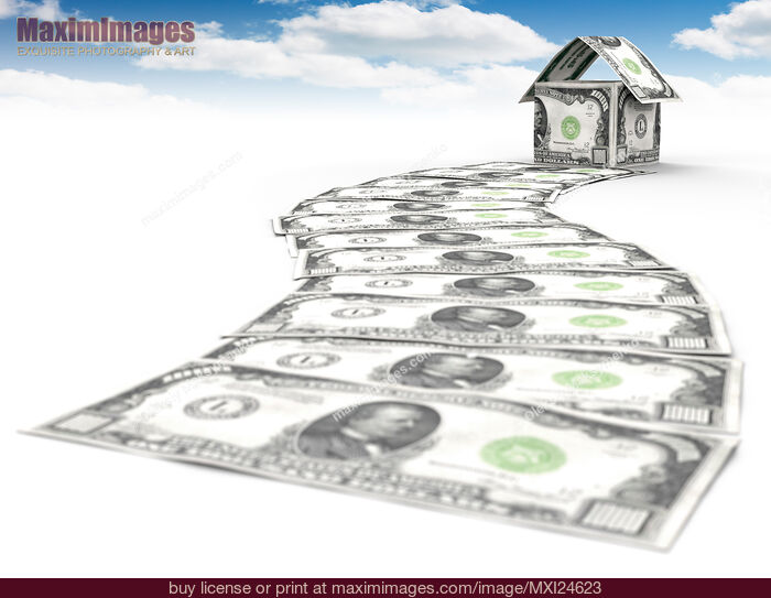 Money path to a house made of dollars under blue sky. Stock Image MXI24623