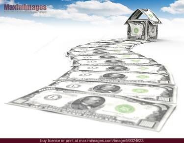 Money path to a house made of dollars under blue sky. Stock Image MXI24623