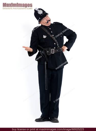 Vintage police officer with strict expression and stretched arm. Stock ...