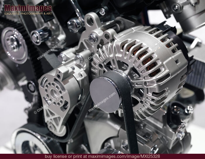 Car alternator and serpentine belt closeup of engine parts. Stock Photo ...