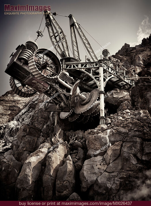 Steampunk land boring machine at Disneysea black and white. Stock Photo ...