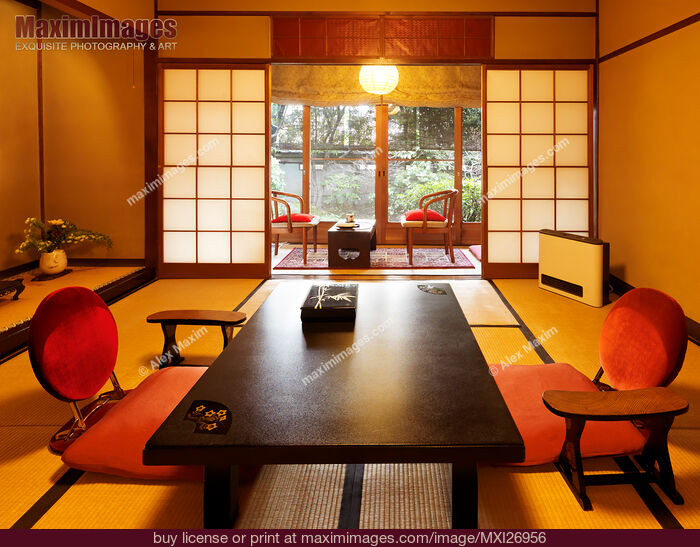 Traditional Japanese tea table and chairs at ryokan hotel room. Stock ...
