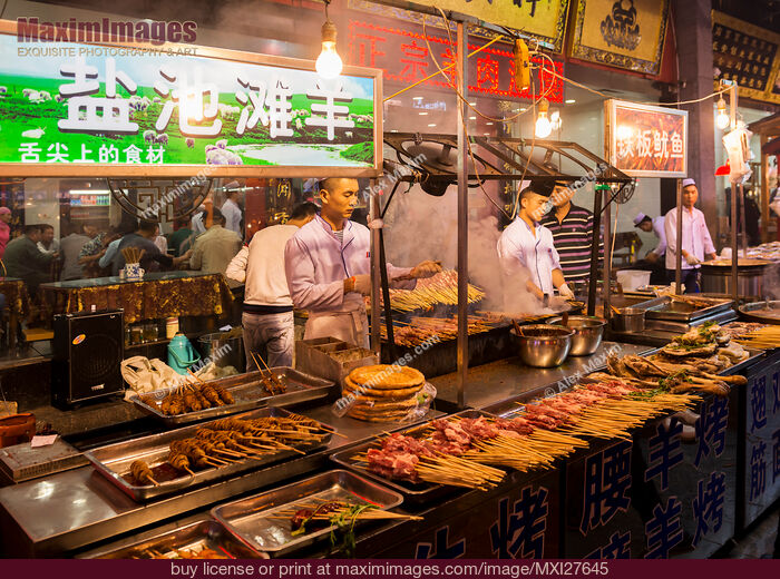 Kebab stand at Muslim food night market in Xian. Stock Photo MXI27645