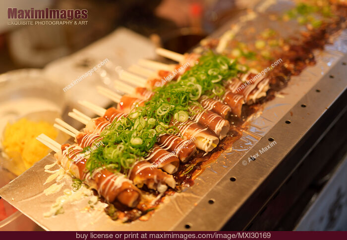 Japanese street food Hashimaki on a street food market stall in Kyoto ...
