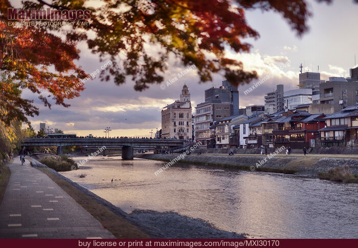 Shijo bridge over Kamo River in autumn sunset city scenery Kyoto. Stock ...