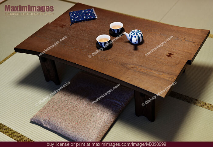 Japanese tea table Chabudai with tea on it in a traditional room of a ...