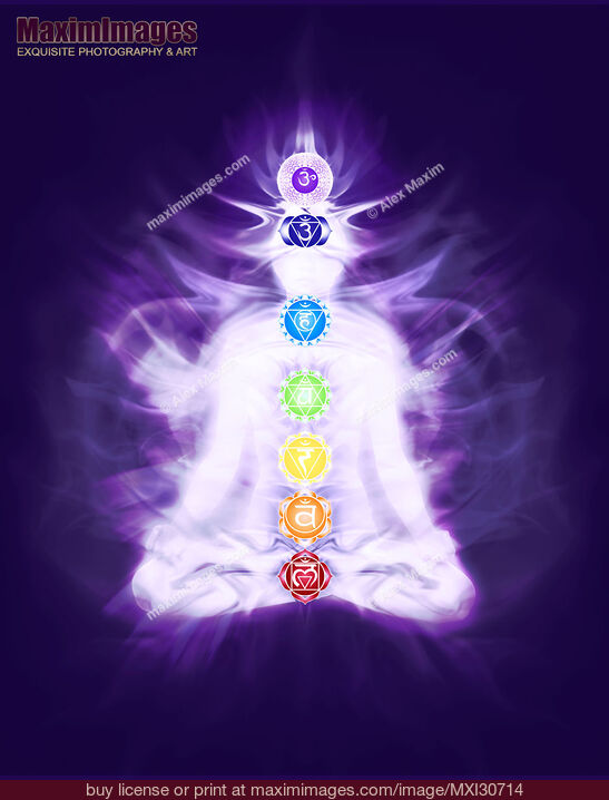Yoga meditation with Chakras symbols and energy flow on human body in ...