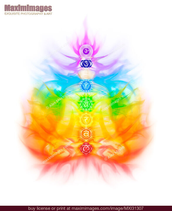Yoga meditation conceptual illustration with chakras and energy flow on ...