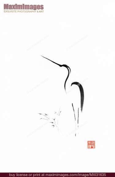 Zen sumi-e painting of a graceful tall heron and young bamboo. Stock ...