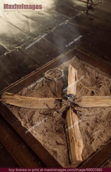Historic Japanese rural house interior with Irori sunken hearth fire ...