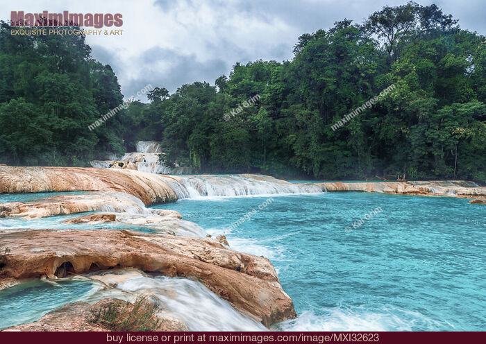 Tropical nature scenery of the waterfall Agua Azul turquoise blue water ...