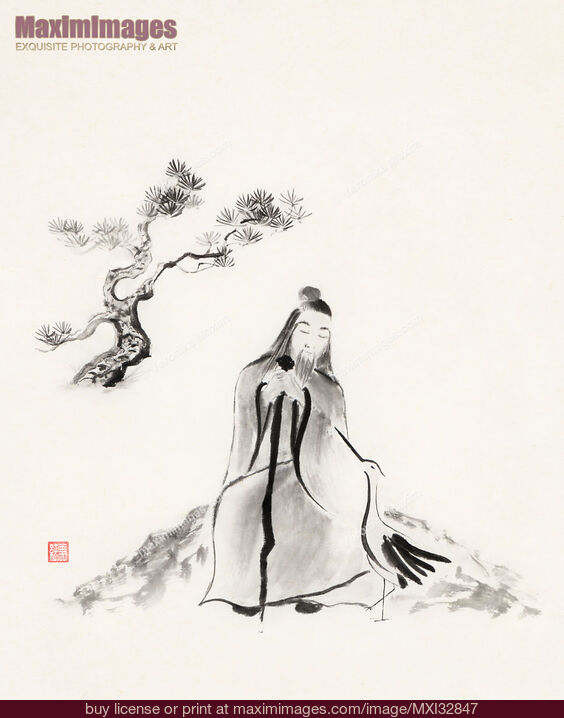Lao Tzu old sage conversing with a heron sumi-e painting on beige rice ...