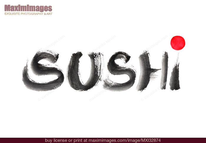 Word Sushi written with brush in black ink with red sun Japanese sumi-e ...