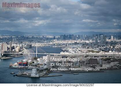 Photo of Osaka Bay harbor aerial view Tempozan bridge over Aji river ...