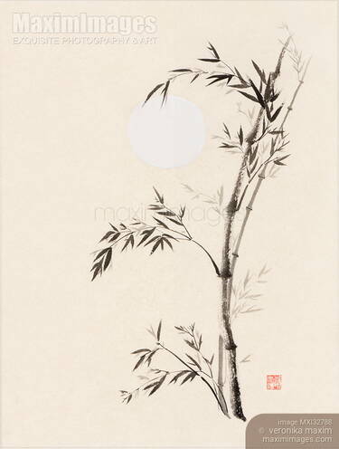 Image of Bamboo and the full moon Chinese Zen painting artwork on rice ...