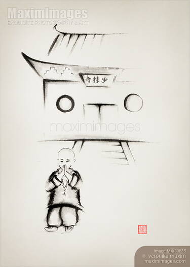 Image of Little Shaolin monk in front of the Shaolin temple gate Zen ...