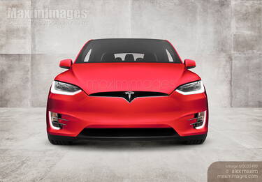 Photo of Red Tesla X electric SUV car front view against concrete wall ...