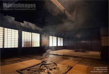 Photo of Traditional Japanese Gassho house interior with an open fire ...