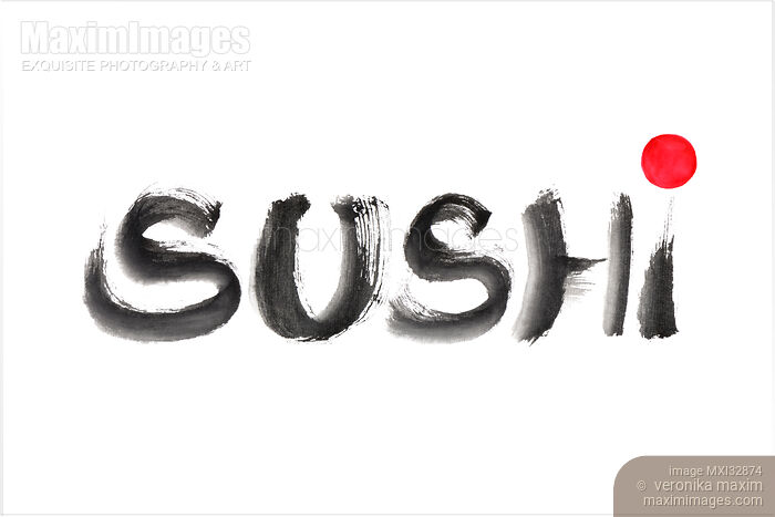 Image of Word Sushi written with brush in black ink with red sun ...