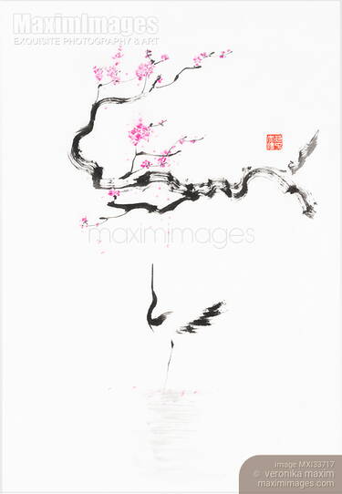 Image of Zen sumi-e painting of a heron standing in a lake under a ...