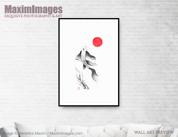 Art Print of Fine art sumi-e painting of Japanese Koi fish with red sun ...