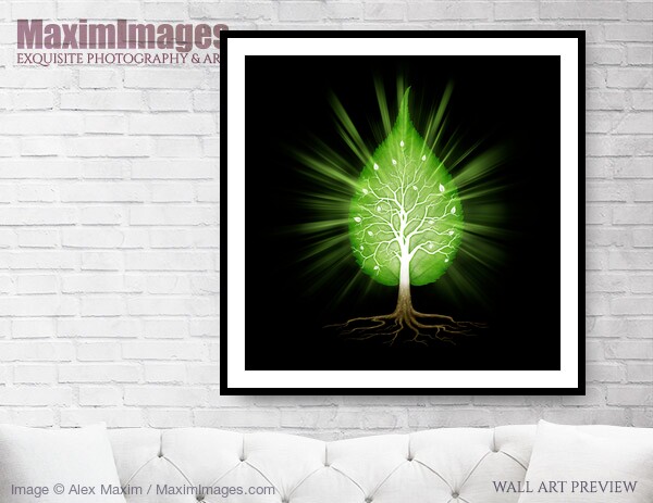 Art Print of Green leaf shaped tree nature fractals concept on black ...