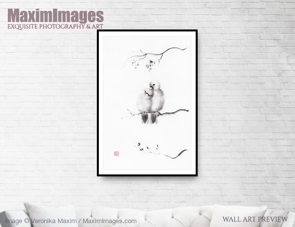 Art Print of Two Love birds cuddling on a branch sumi-e Zen painting ...