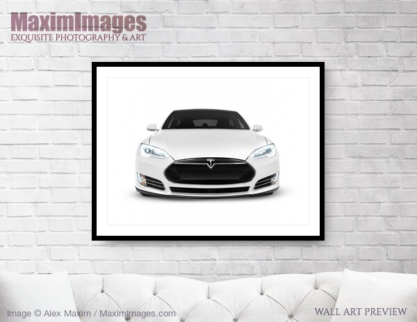 Art Print of White Tesla Model S luxury electric car front view ...