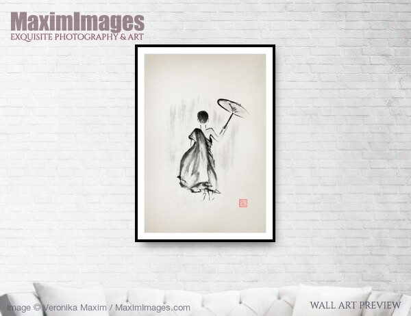Art Print of Young monk walking with an umbrella under rain Japanese ...