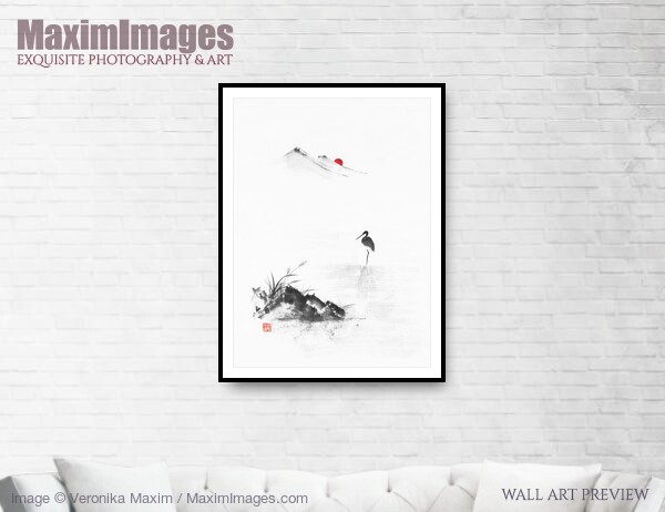 Art Print of Zen sumi-e painting of heron standing in a lake with red ...